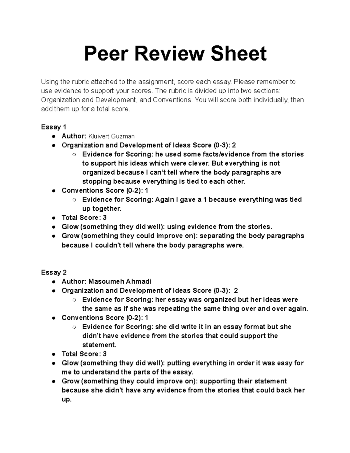 Peer Review Teacher Lens - Peer Review Sheet Using the rubric attached ...