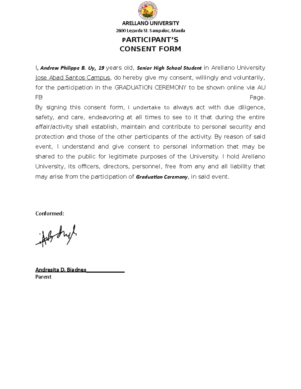 Consent-FORM - M/a - PARTICIPANT’S CONSENT FORM I, Andrew Philippe B ...