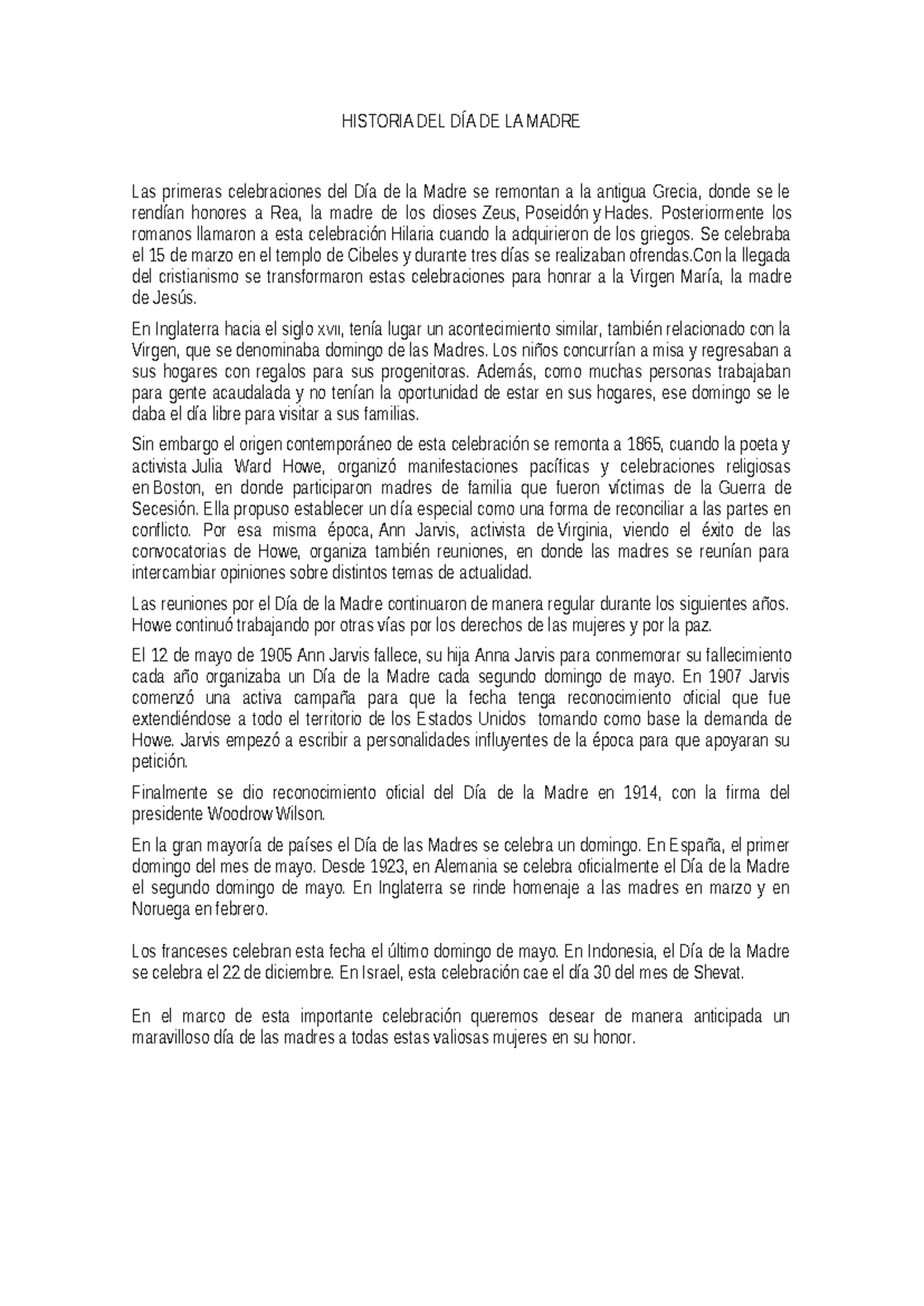 Historia DEL DÍA DE LA Madre - HISTORIA DEL DÍA DE LA MADRE Las ...