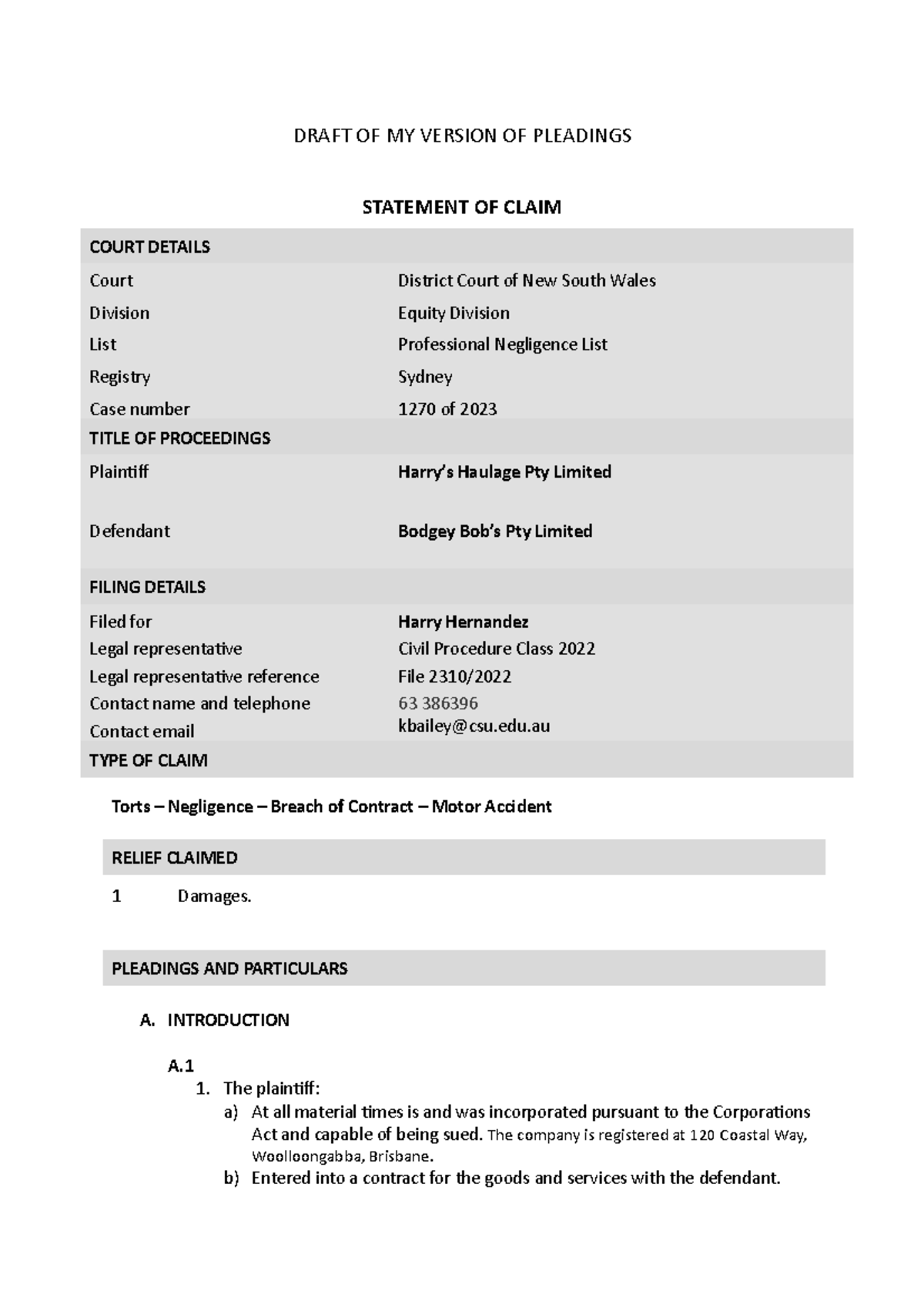 First Draft of Assessment Two - DRAFT OF MY VERSION OF PLEADINGS ...