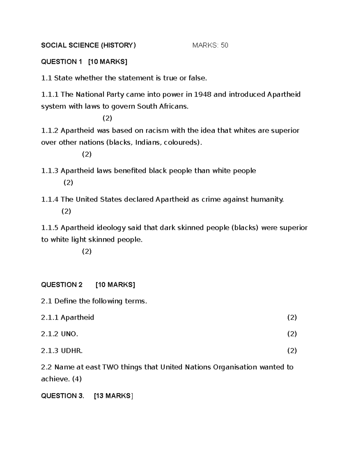 Document grade 9 History test - SOCIAL SCIENCE (HISTORY) MARKS: 50 ...