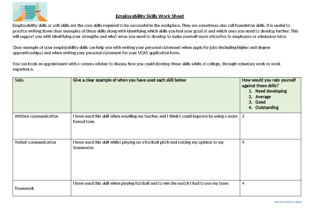 Employability Skills Work Sheet - Employability Skills Work Sheet ...