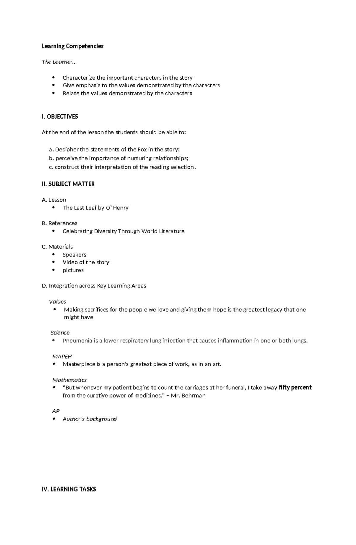 Lesson Plan last leaf - lp last leaf - Learning Competencies The ...