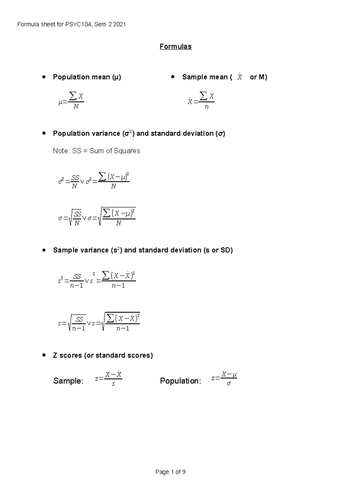 Exam 2021 formula sheet for PSYC104 - Formulas Population mean (μ) μ= ∑ ...