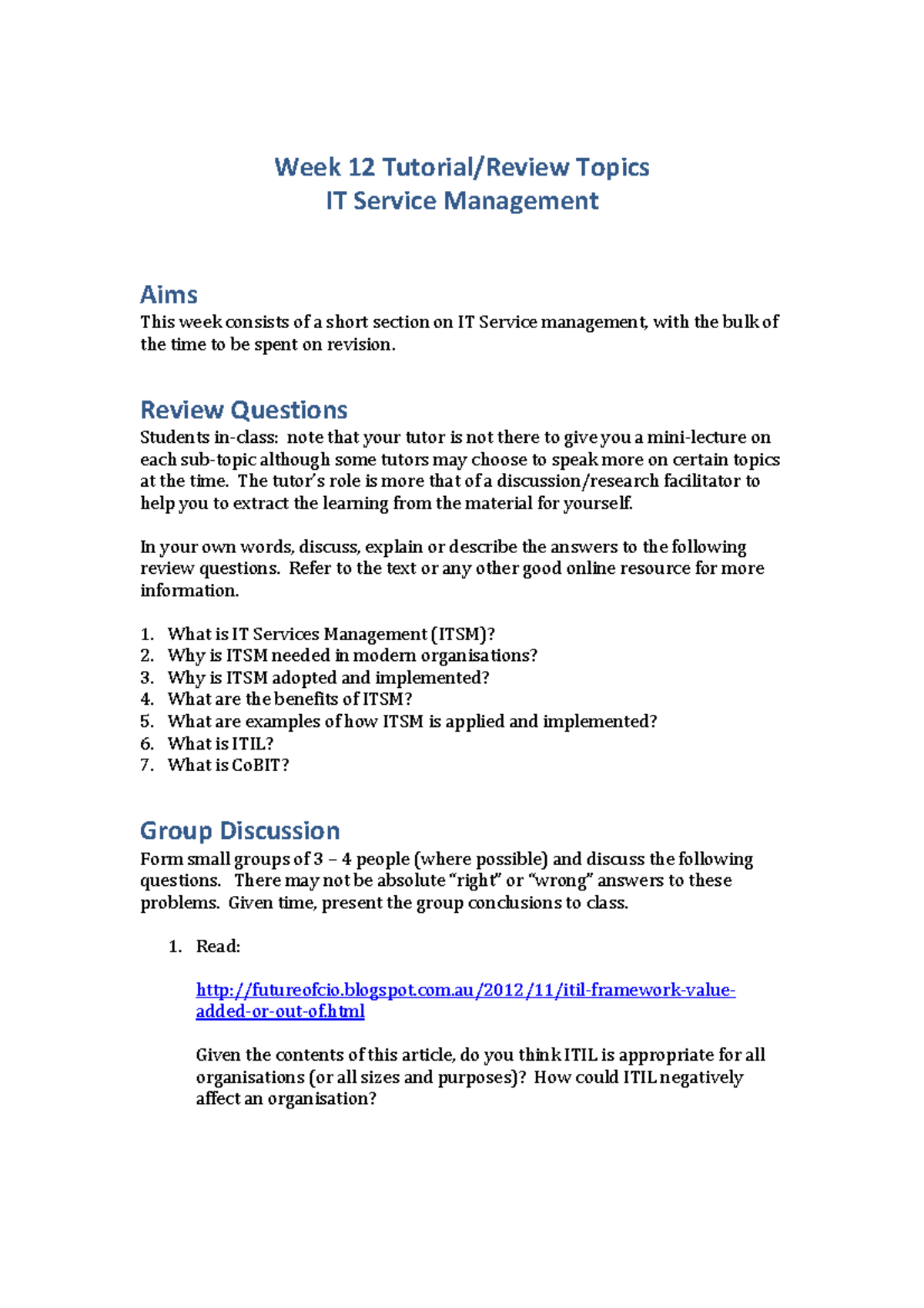 20246 Week-12-tute - tutorial solutions - Week 12 Tutorial/Review Topics IT Service - Studocu