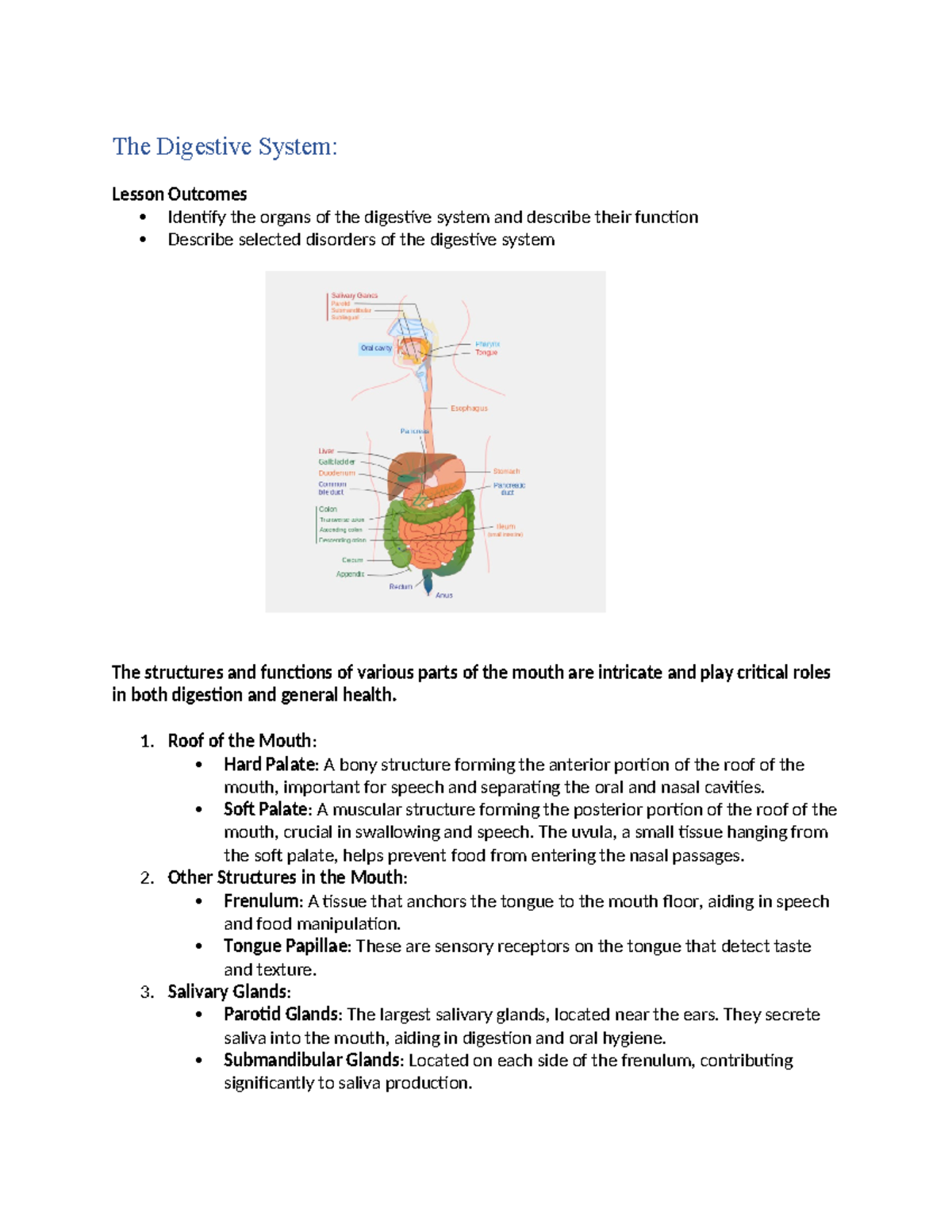 Lesson 10 - notes - The Digestive System: Lesson Outcomes Identify the ...