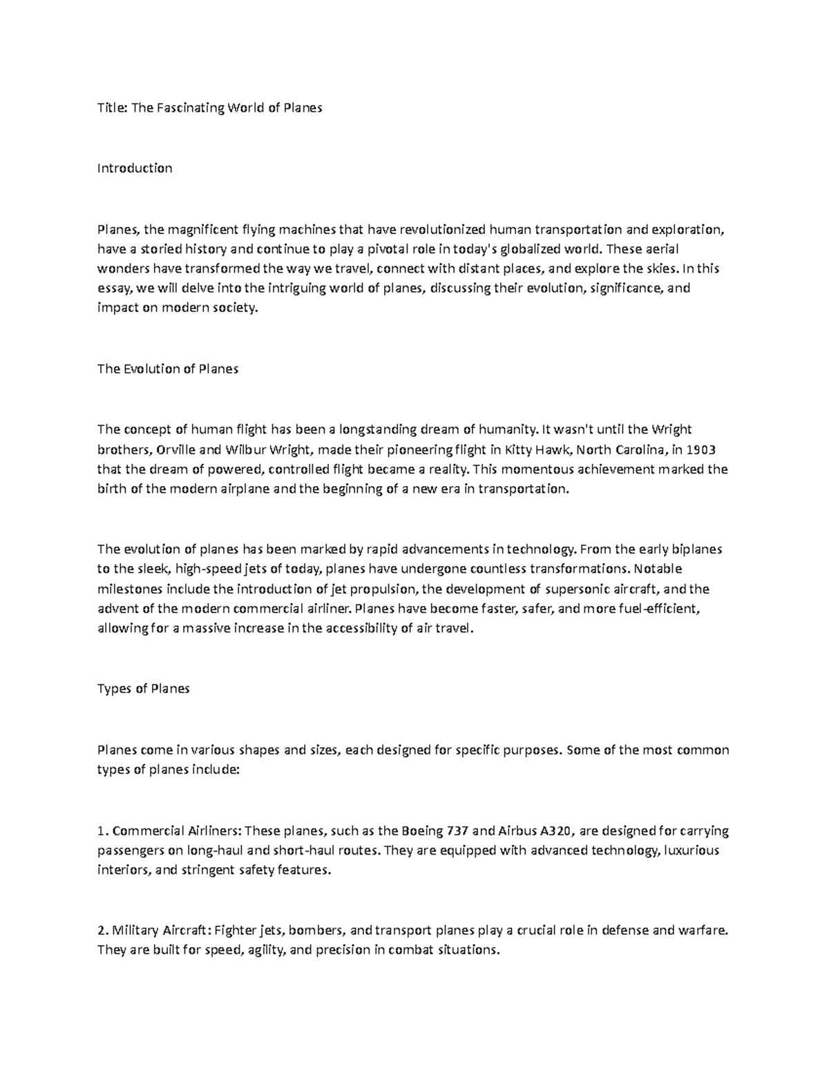 Summarie - Essay - Title: The Fascinating World of Planes Introduction ...