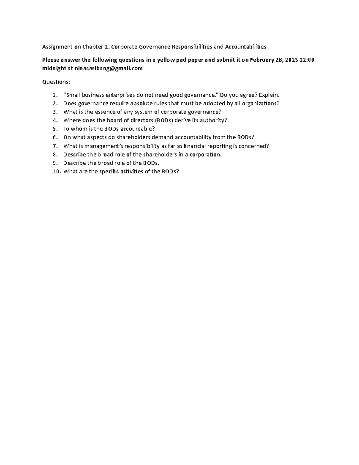 Activity 1 02 25 2023 - Good - Assignment on Chapter 2. Corporate ...