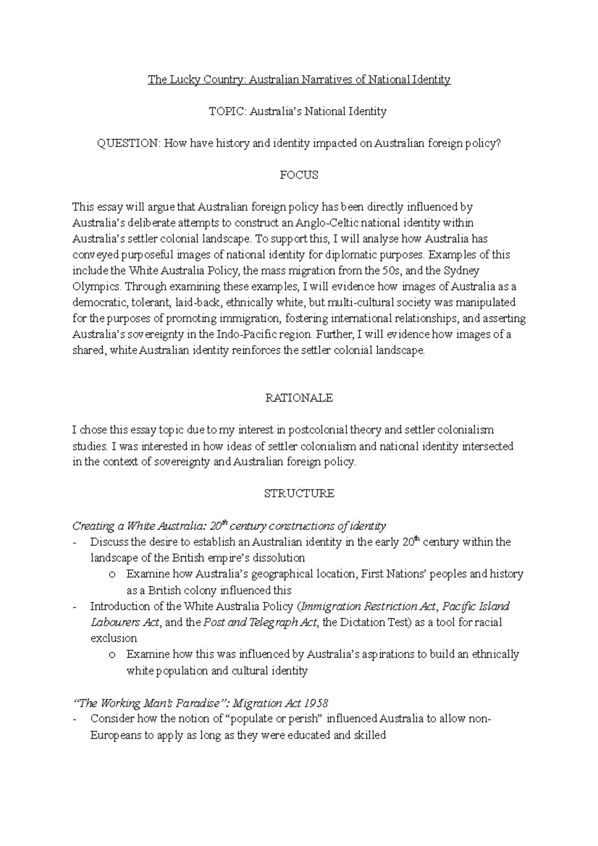 Essay PLAN - Received distinction grade - The Lucky Country: Australian ...