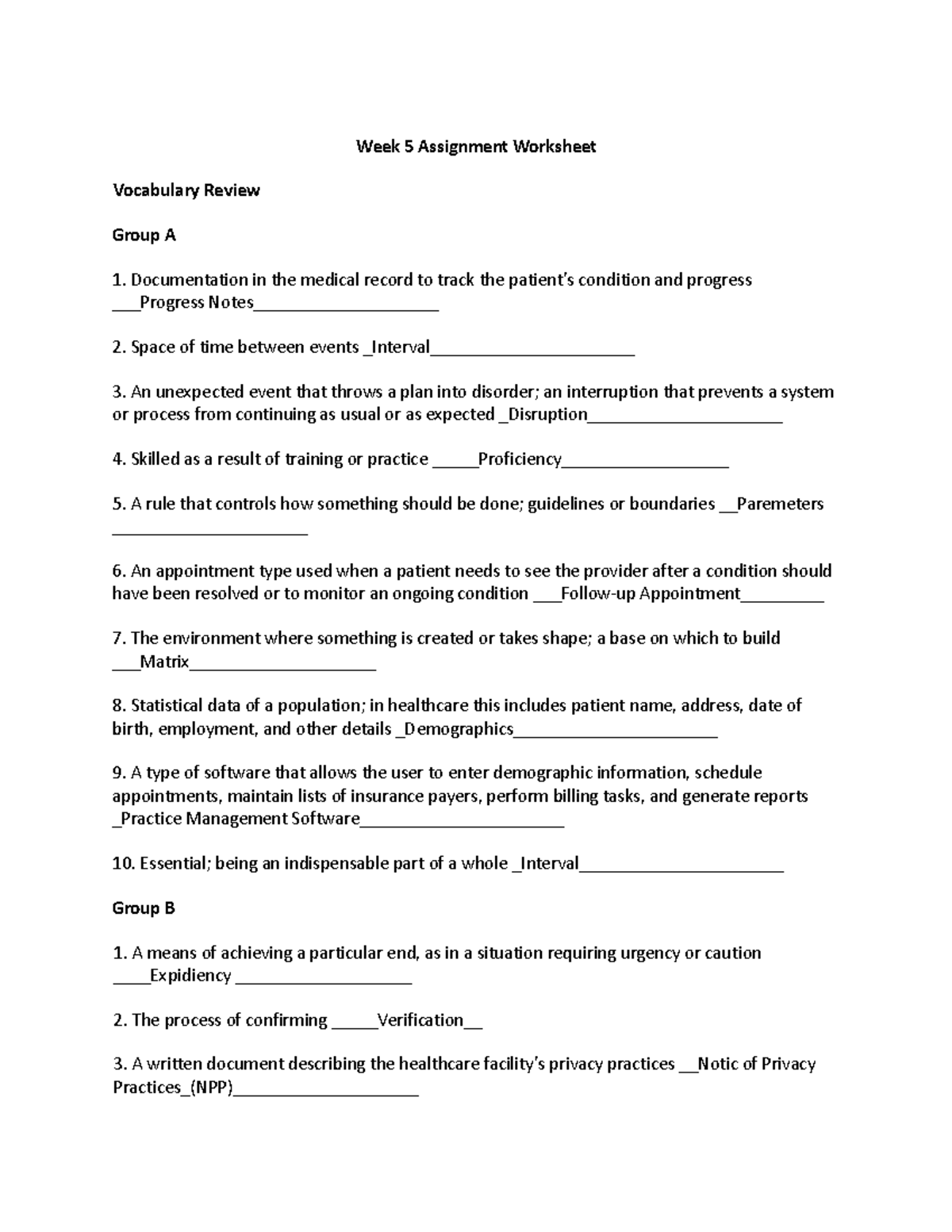 Week 5 Assignment Worksheet - Week 5 Assignment Worksheet Vocabulary Review Group A ...