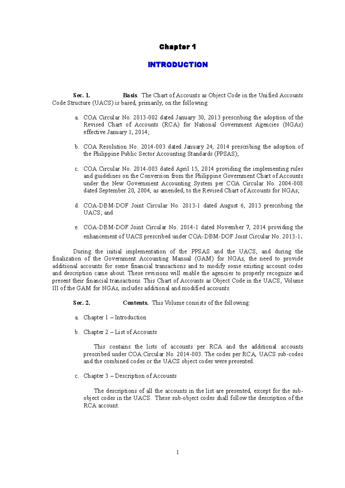 UACS Chart of Accounts - Chapter 1 INTRODUCTION Sec. 1. Basis. The ...