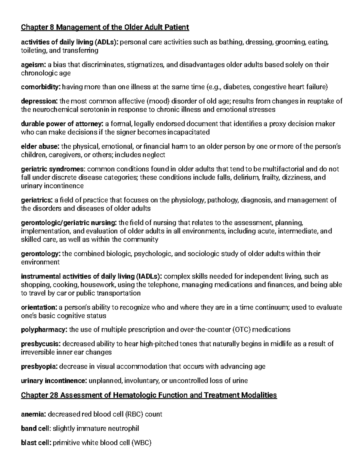 MS Exam 2 KEY Terms - N/A - Chapter 8 Management of the Older Adult ...