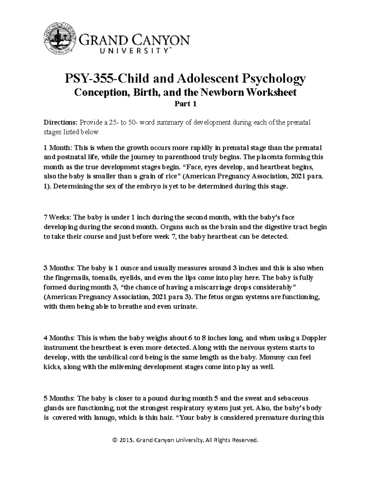 Conception Birthandthe Newborn Worksheet - PSY-355-Child and Adolescent ...