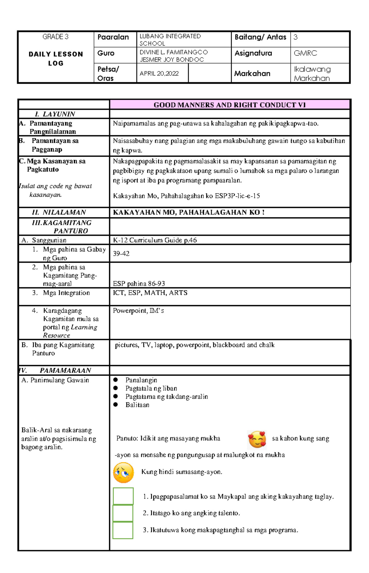 Detailed lesson plan - GRADE 3 DAILY LESSON LOG Paaralan LUBANG ...