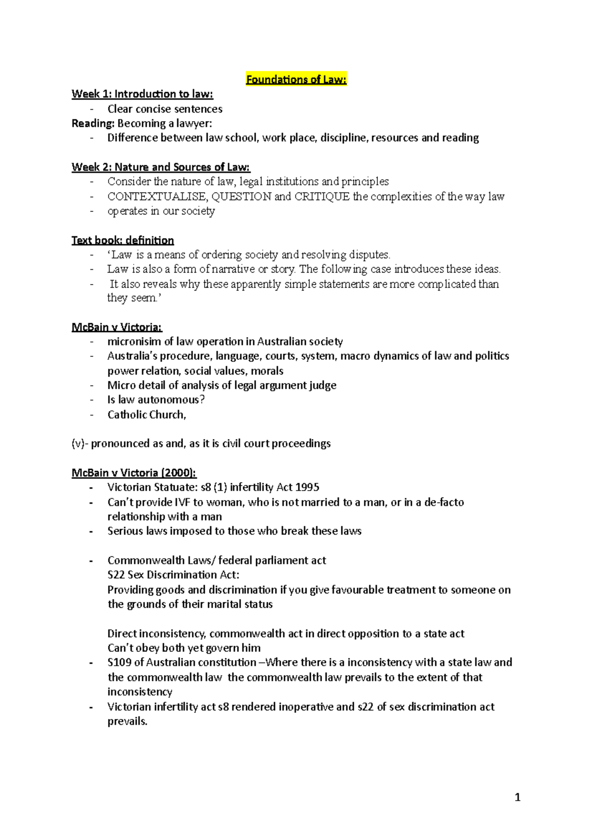 Foundations of Law notes - Foundations of Law: Week 1: Introduction to ...