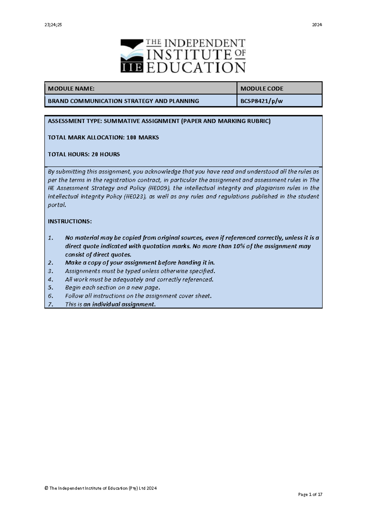 BCSP8421 Summative Assignment - © The Independent Institute of Education (Pty) Ltd 2024 MODULE ...