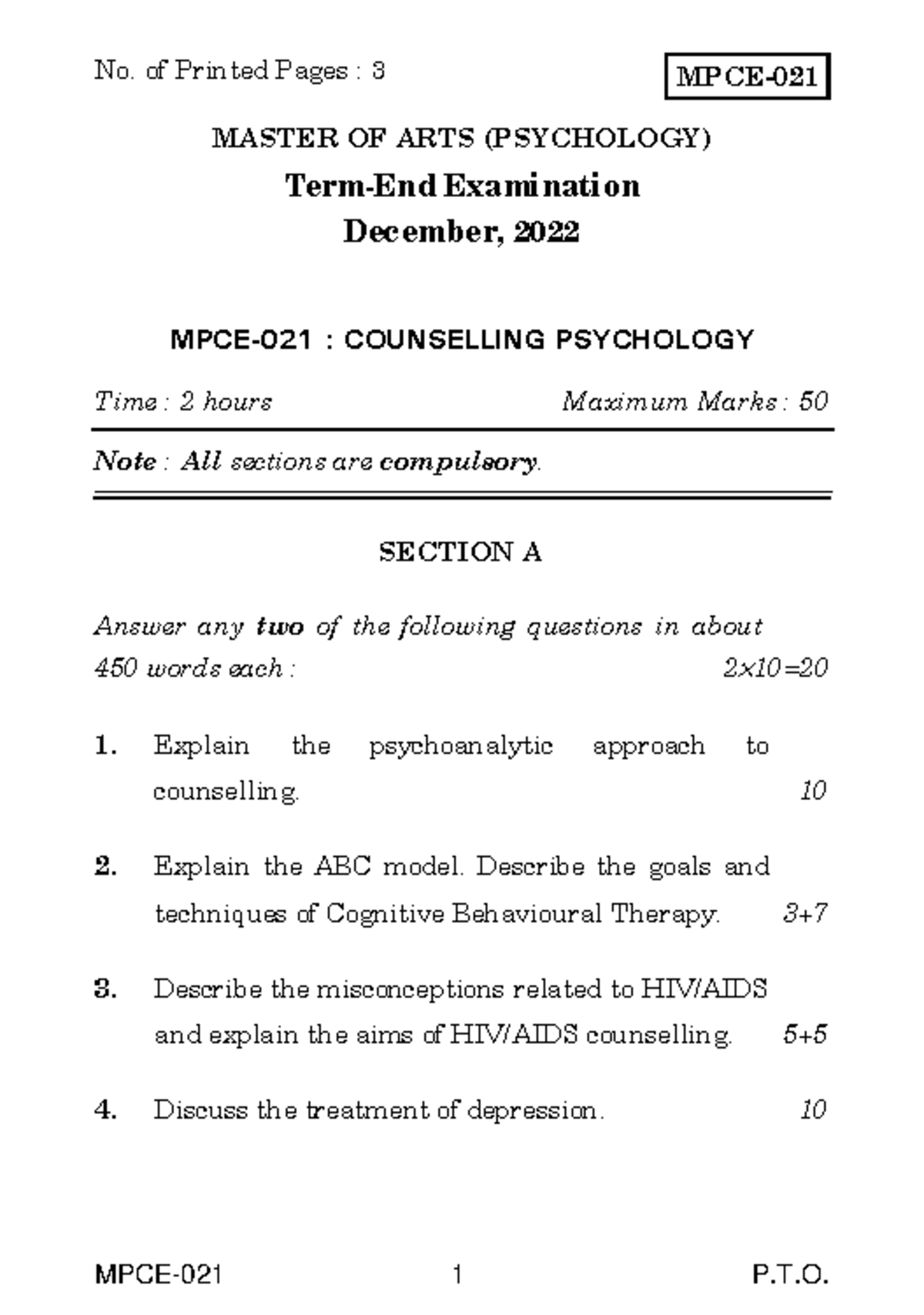 MPCE-21 - T. MPCE- MASTER OF ARTS (PSYCHOLOGY) Term-End Examination ...