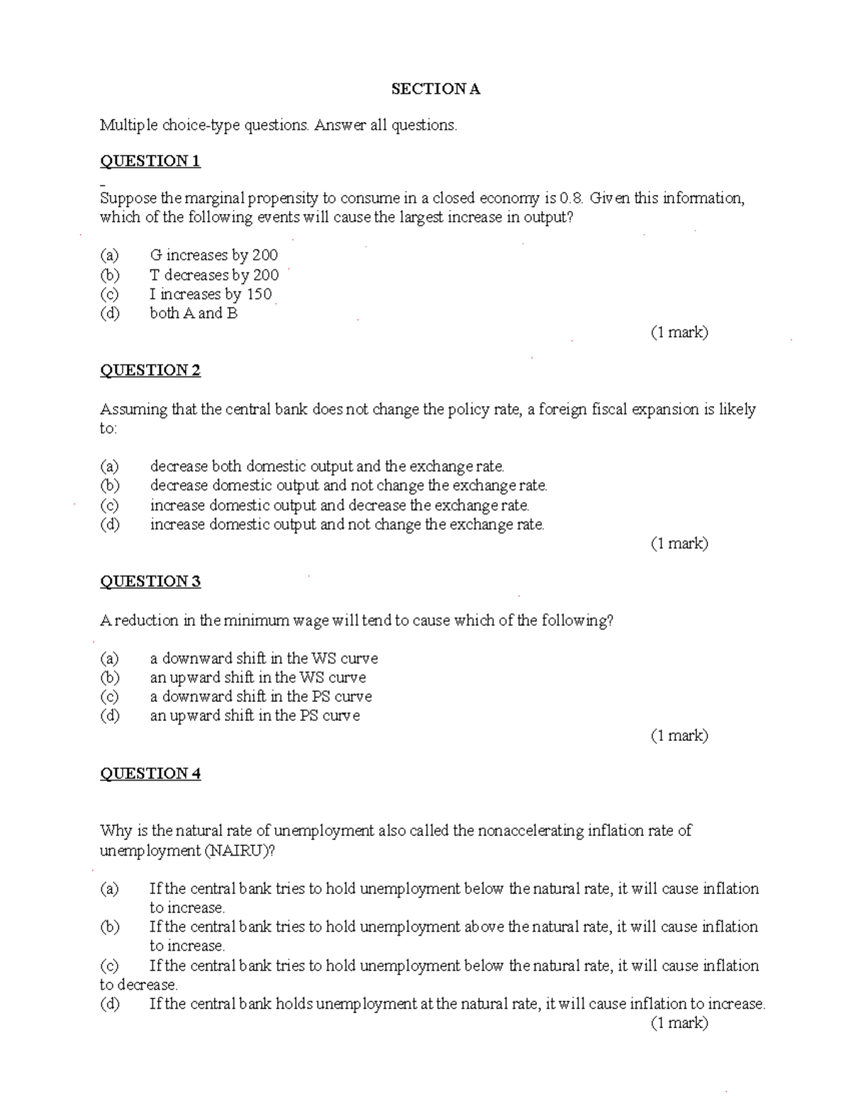 Sample/practice for Final exam - SECTION A Multiple choice-type ...