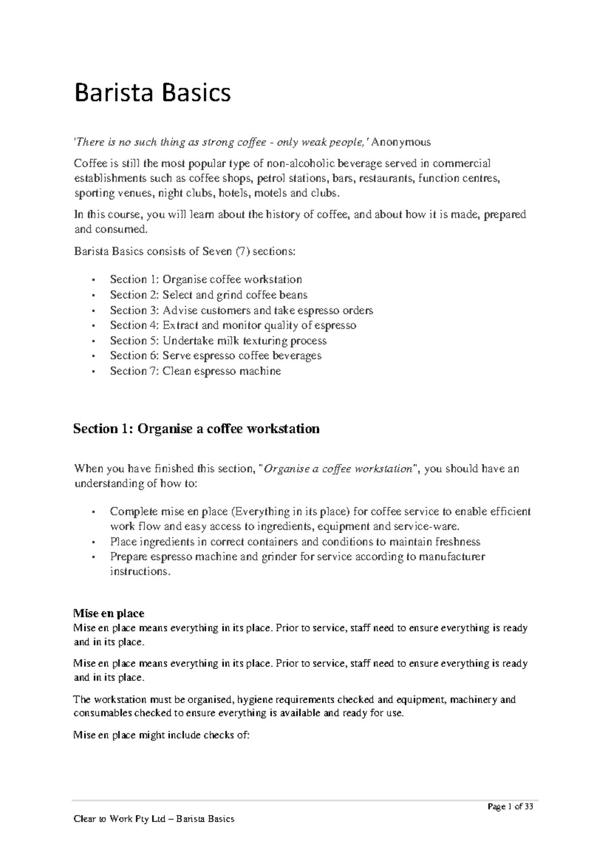 BASIC KNOWLEDGE - Page 1 of 33 Barista Basics 'There is no such thing ...