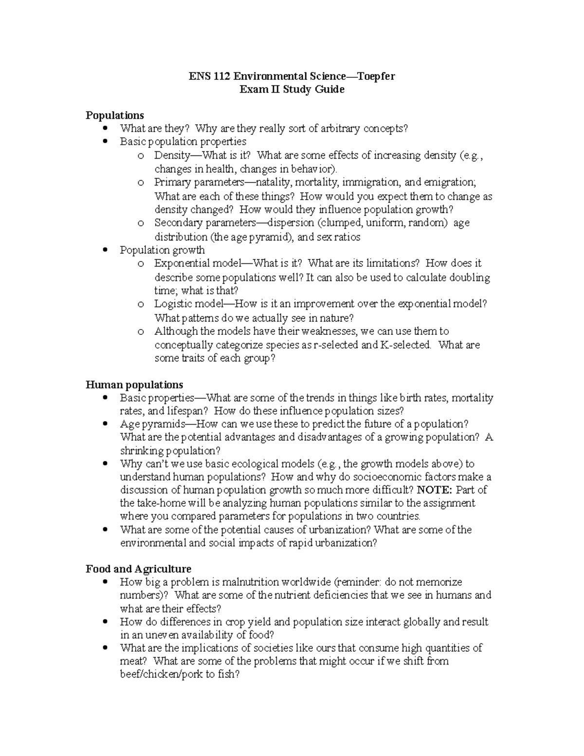 Exam II Study Guide - Dr Conrad Toepfer Class - ENS 112 Environmental ...