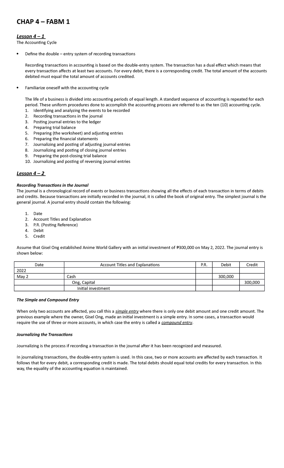FABM 1 CHAP 4 lesson - FOR NOTES ONLY - CHAP 4 – FABM 1 Lesson 4 – 1 ...