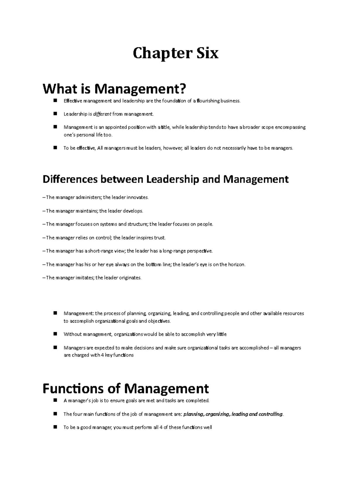 Chapter six - note - Chapter Six What is Management? Efecive management ...