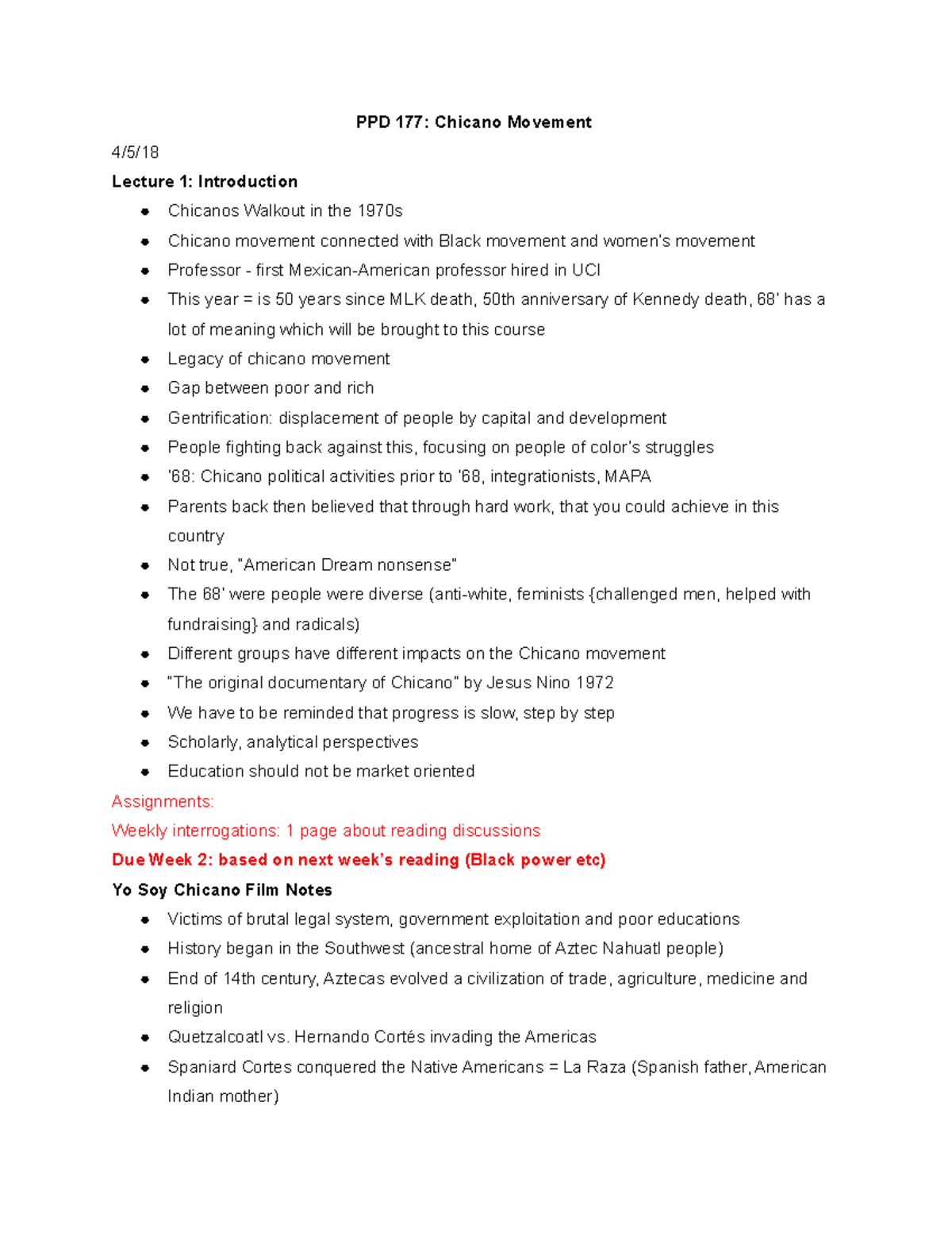 PPD 177 Lecture Notes - PPD 177: Chicano Movement 4/5/ Lecture 1 ...