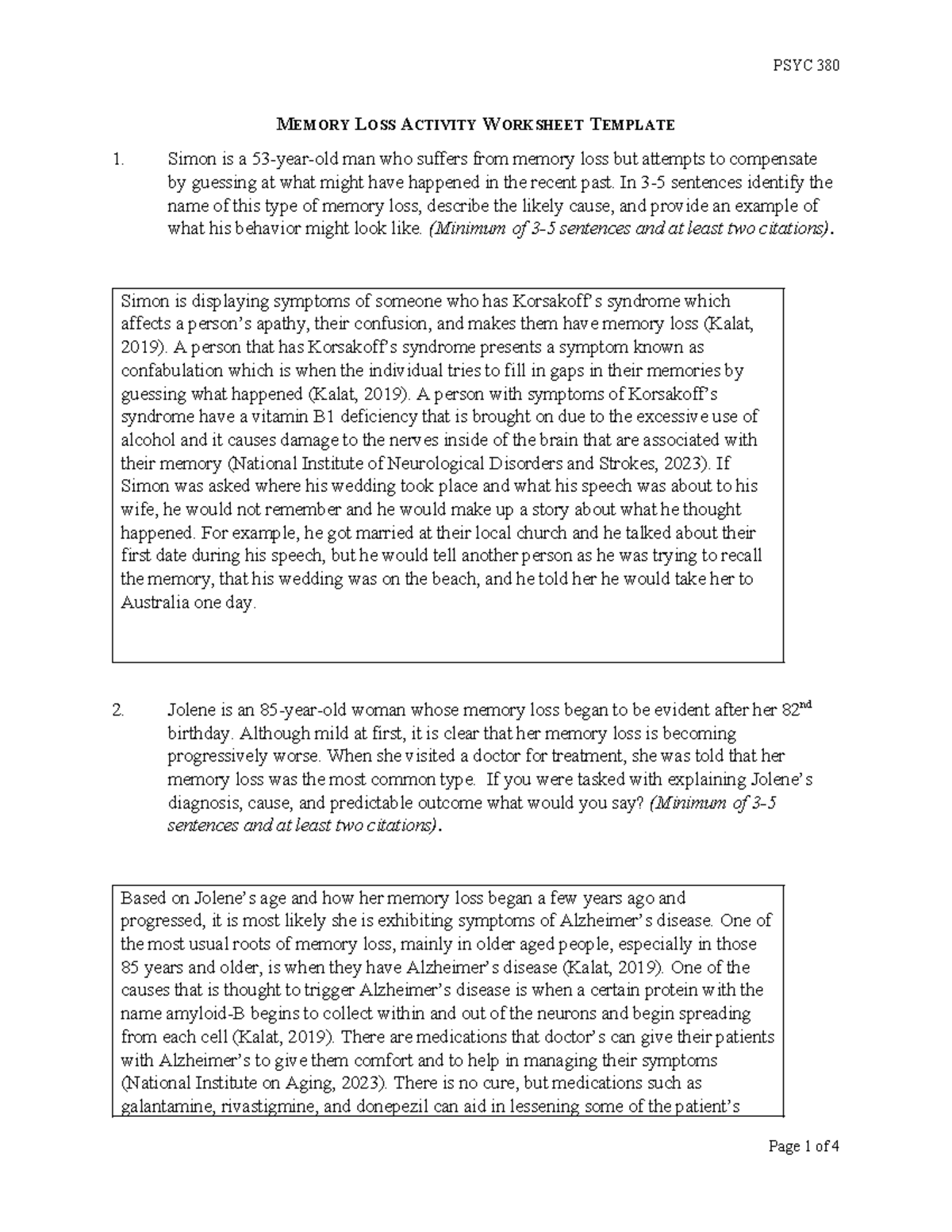 PSYC 380 Memory Loss Activity Worksheet - MEMORY LOSS ACTIVITY WORKSHEET TEMPLATE 1. Simon is a ...