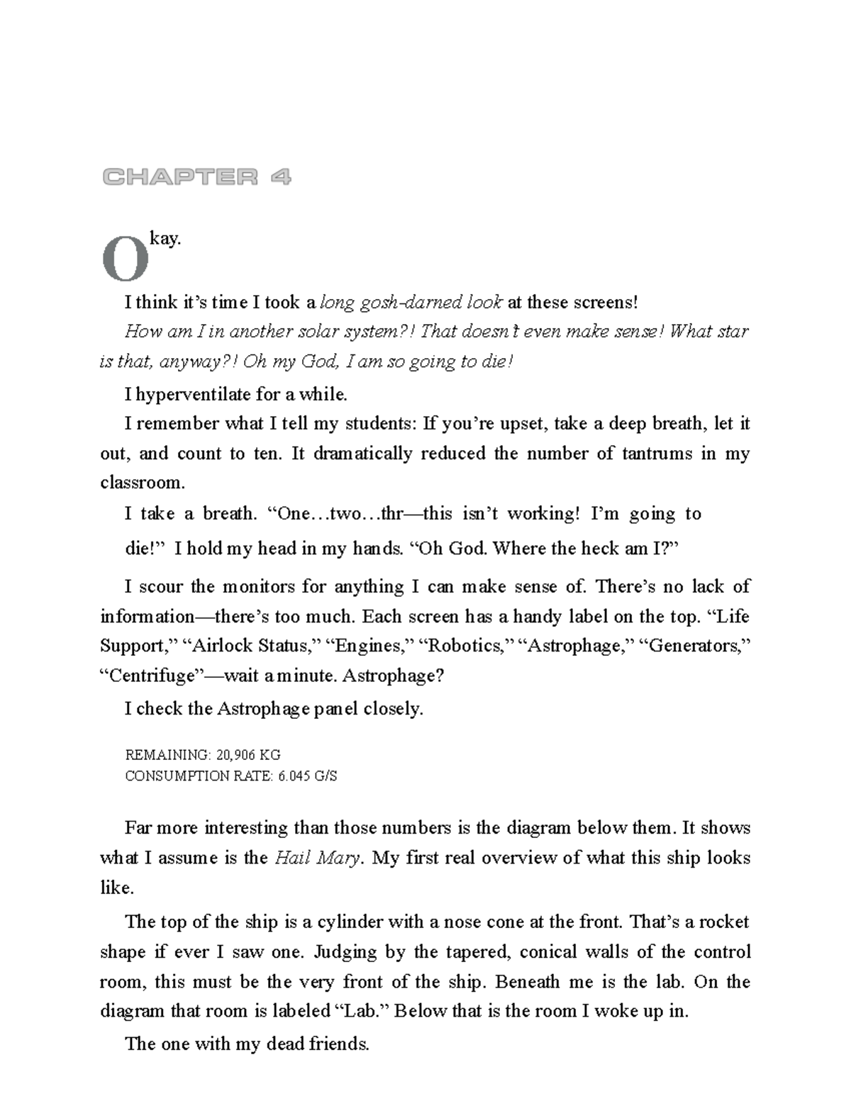 Project Hail Mary - Chapter 4 - O kay. I think it’s time I took a long ...