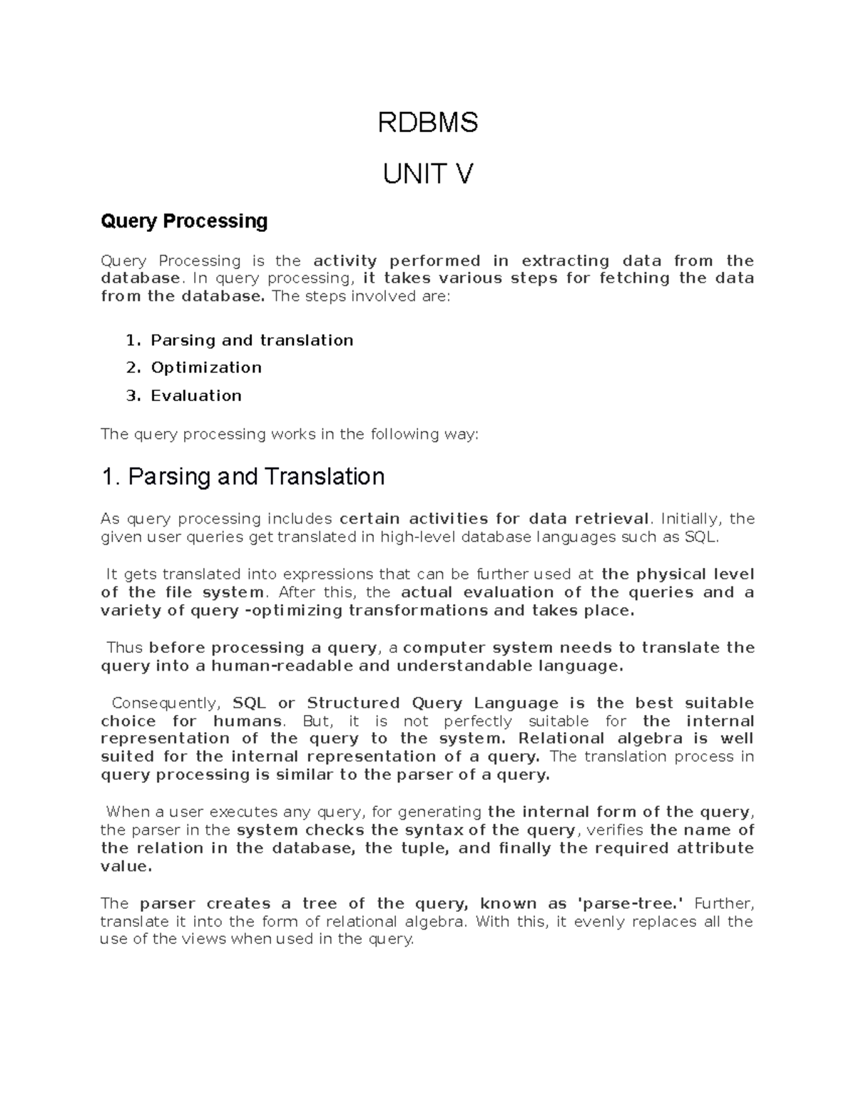 Unit V Rdbms Notes V Rdbms Unit V Query Processing Query Processing