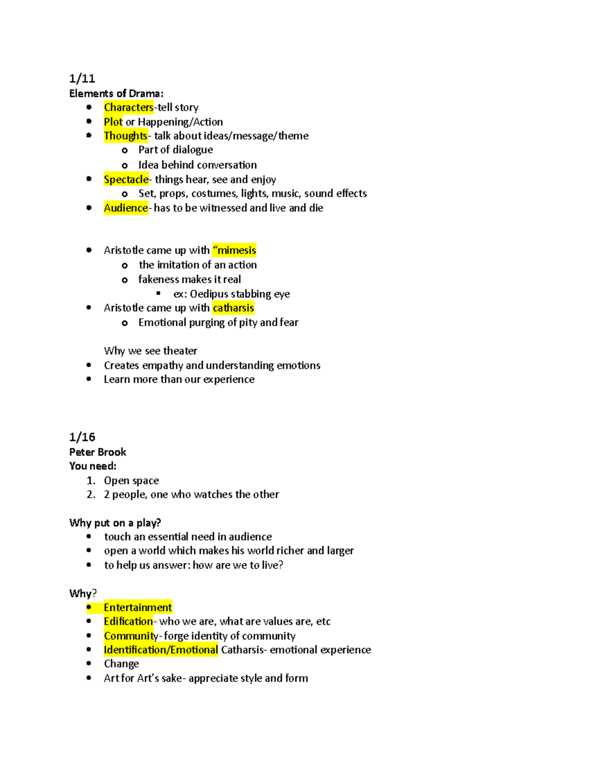Drama class notes - 1/11 Elements of Drama: Characters-tell story Plot ...