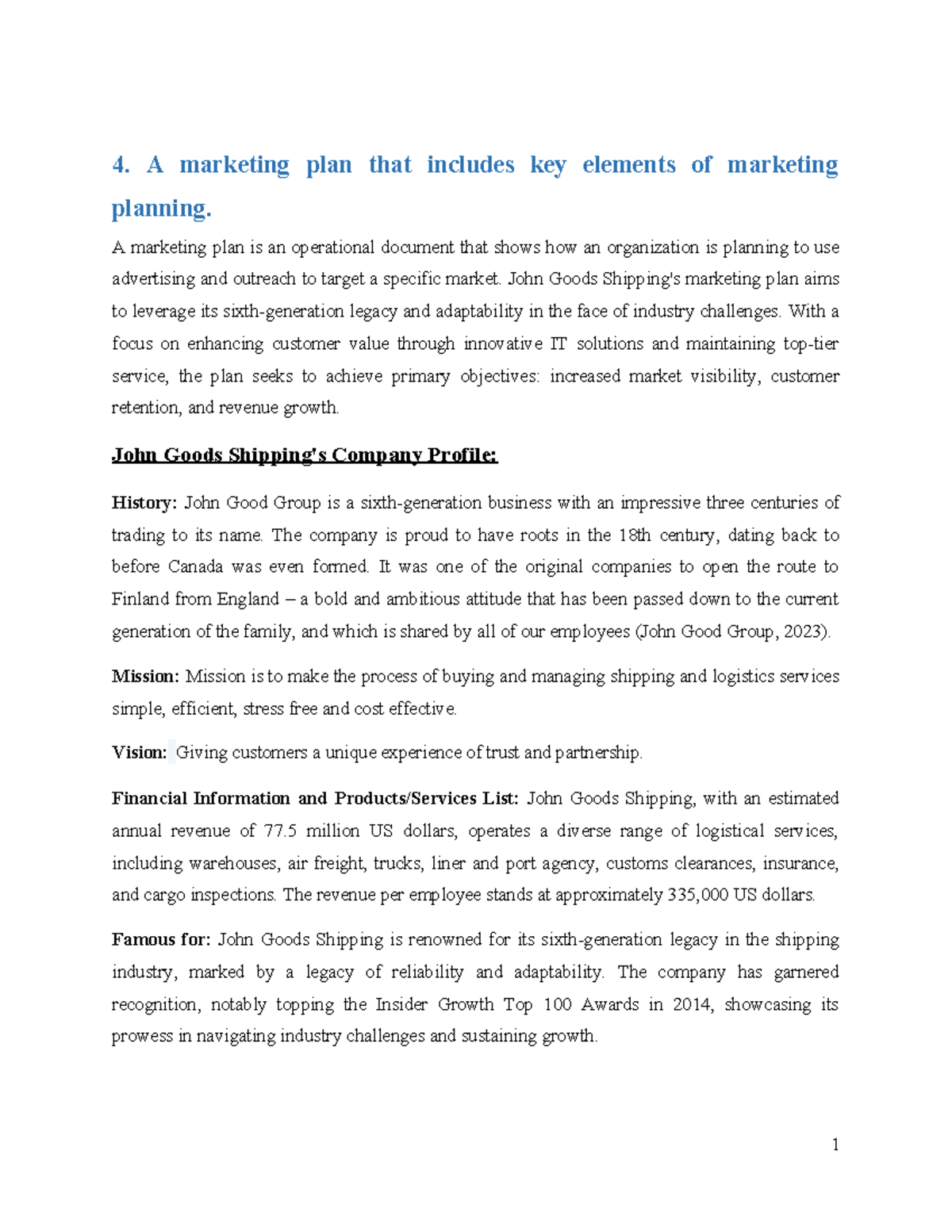 Marketing S2 - Report - 4. A marketing plan that includes key elements ...