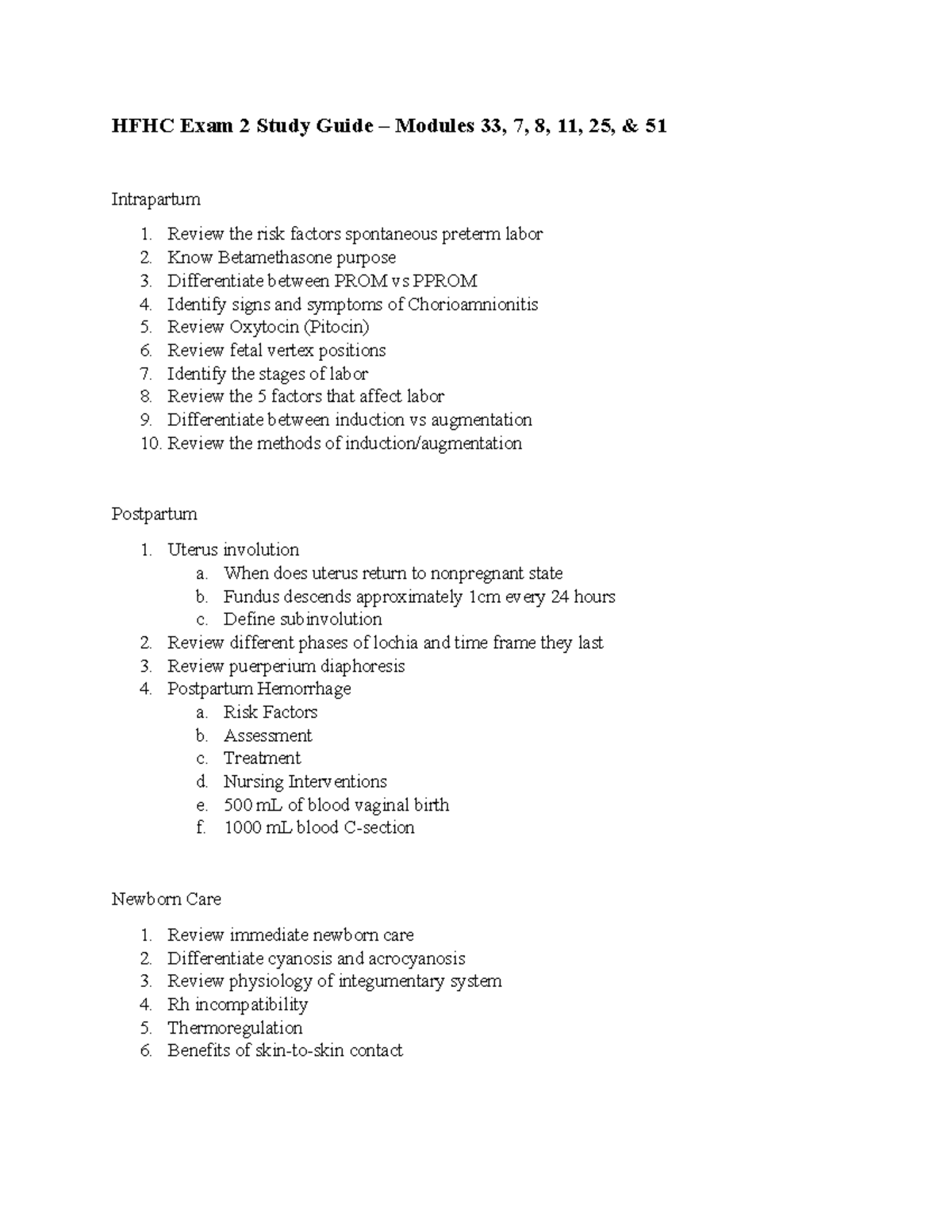 HFHC Exam 2 Study Guide Fall 23 - HFHC Exam 2 Study Guide – Modules 33 ...