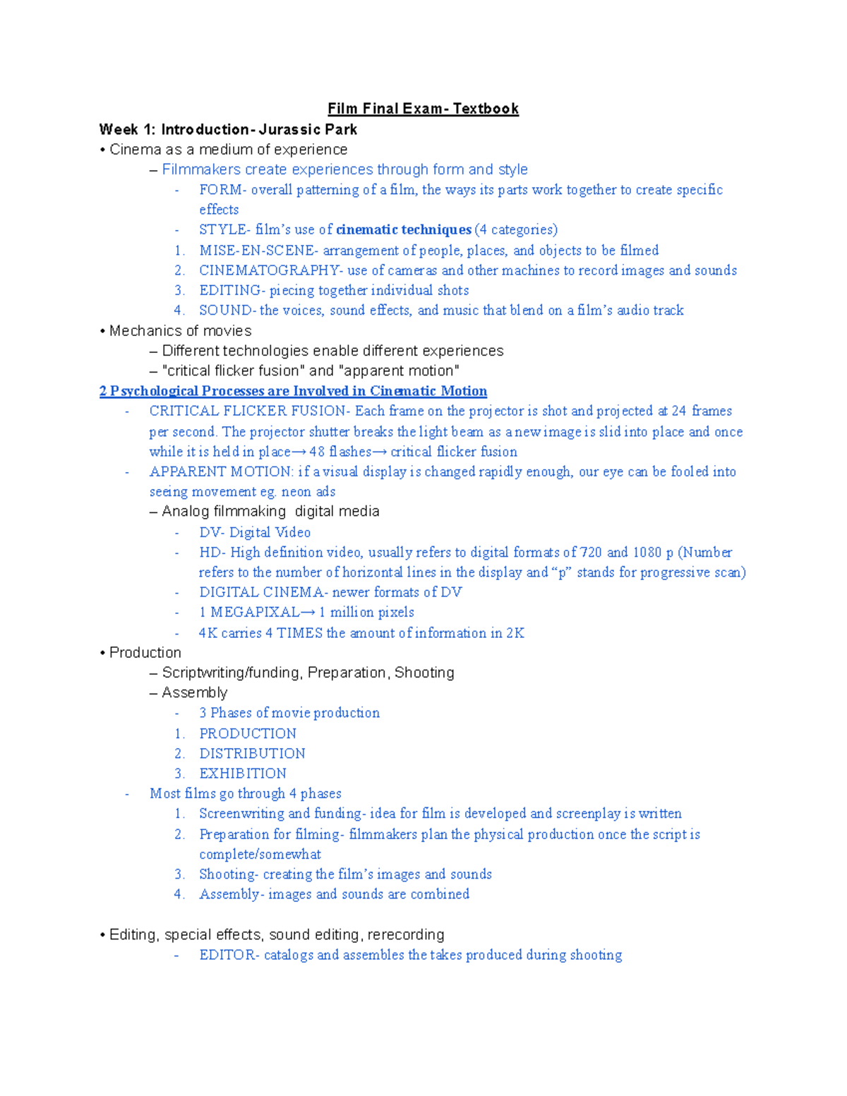 Film Final Exam Textbook - Film Final Exam- Textbook Week 1 ...