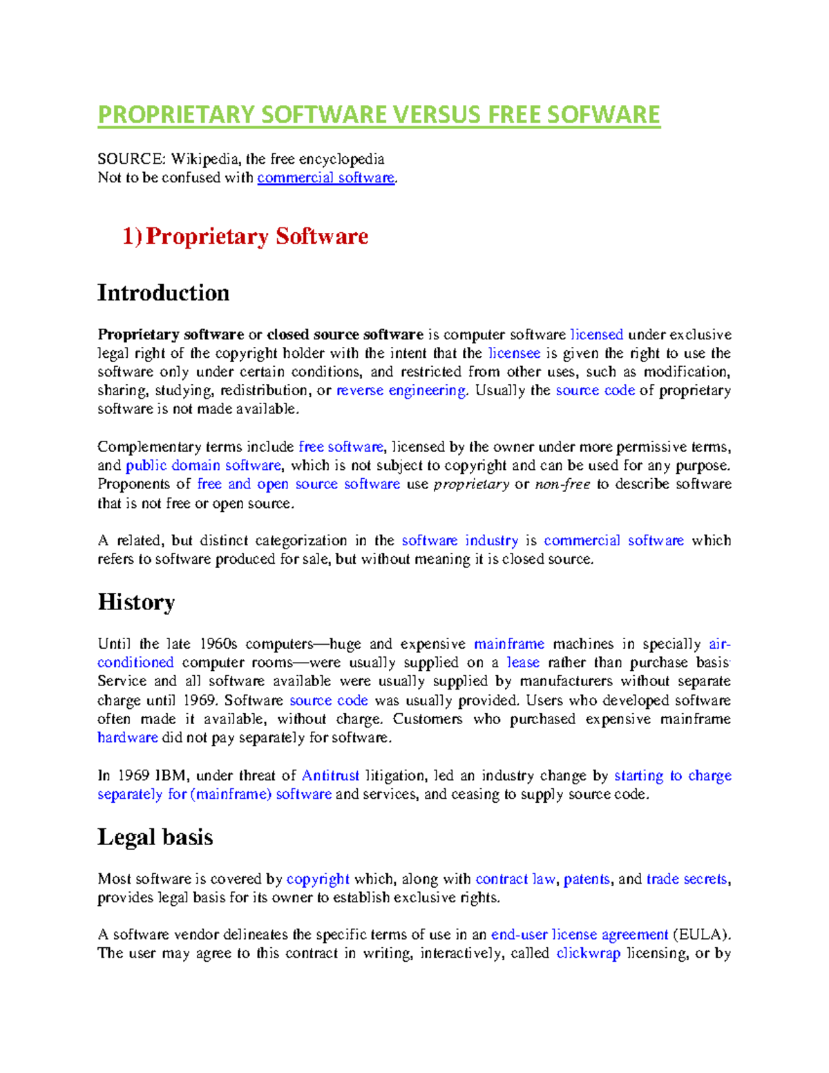 Proprietary Software Versus FREE Sofware - PROPRIETARY SOFTWARE VERSUS FREE SOFWARE SOURCE ...