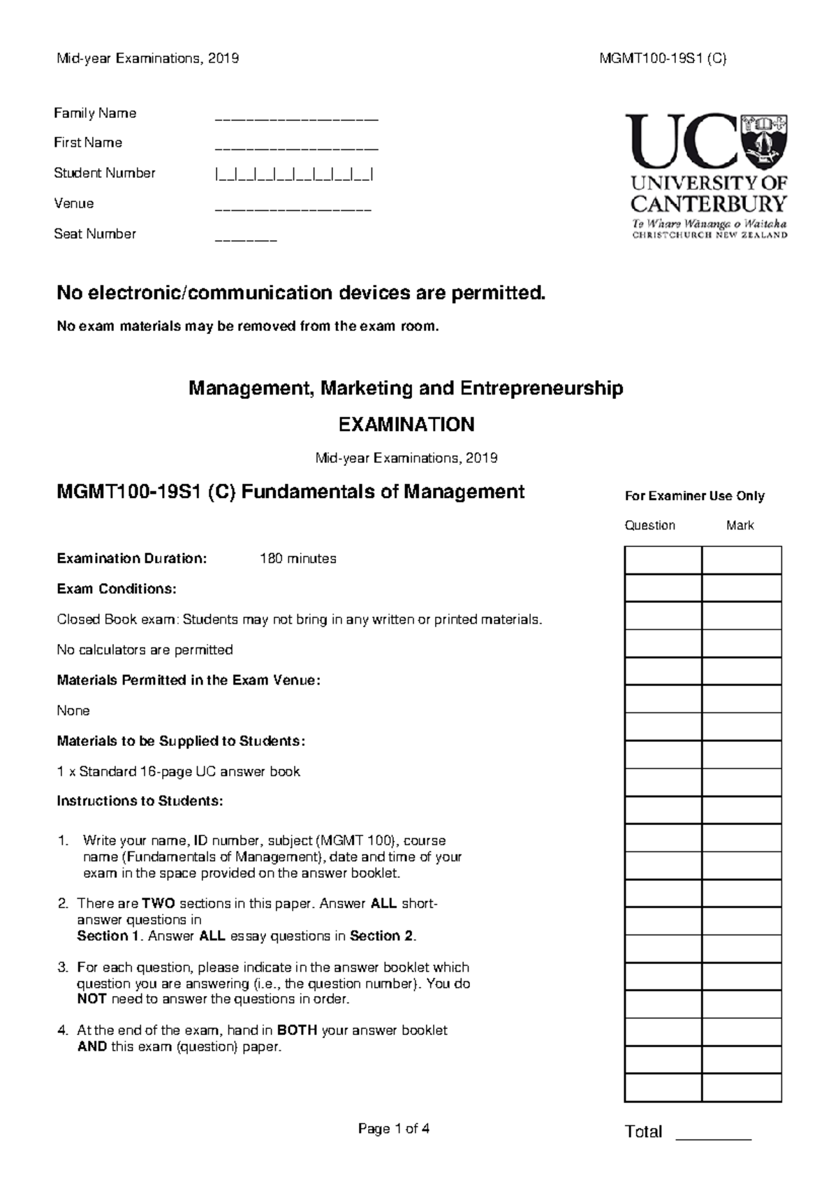 management exam - Page 1 of 4 Family Name _____________________ First ...