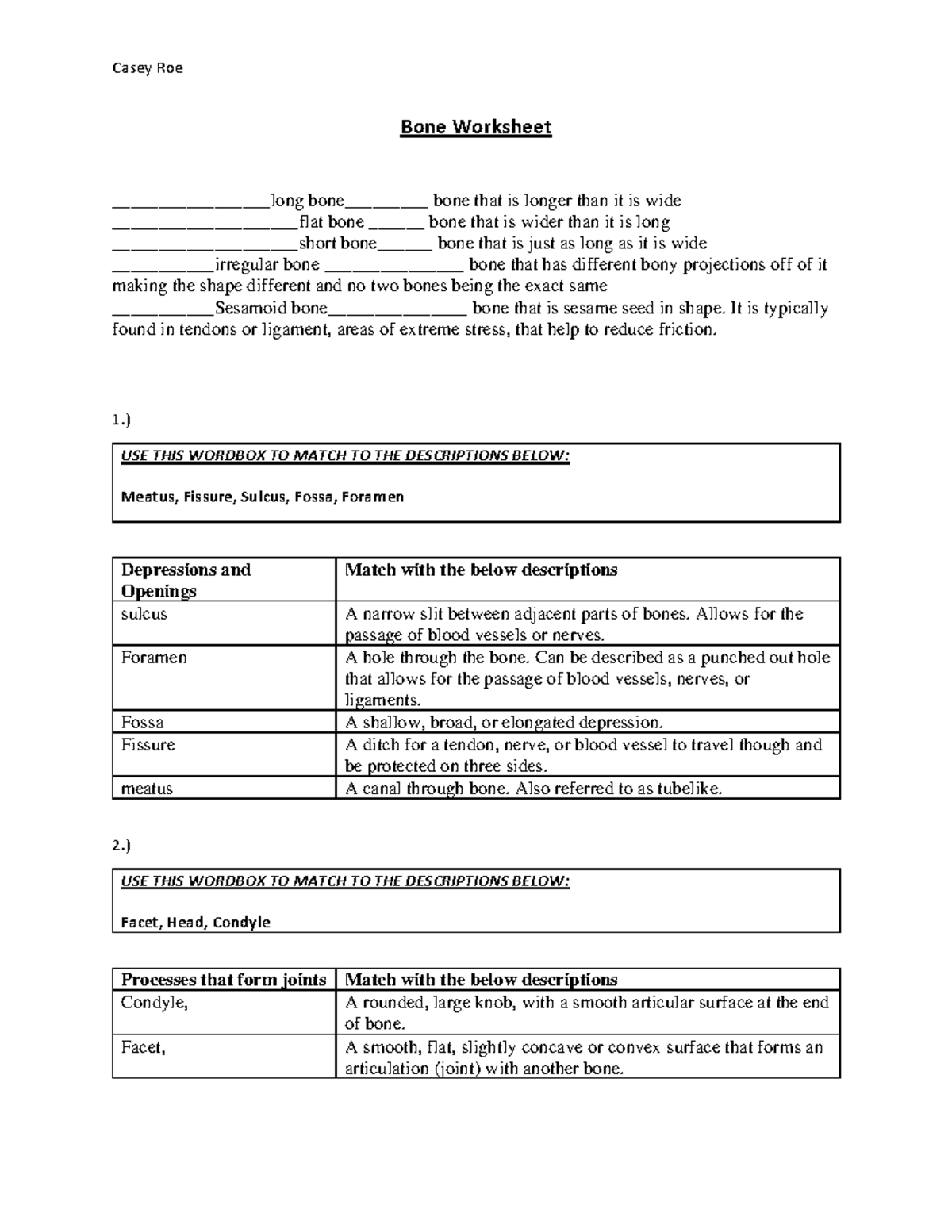 Skeletal System-Part 1 - Casey Roe Bone Worksheet ________long bone ...