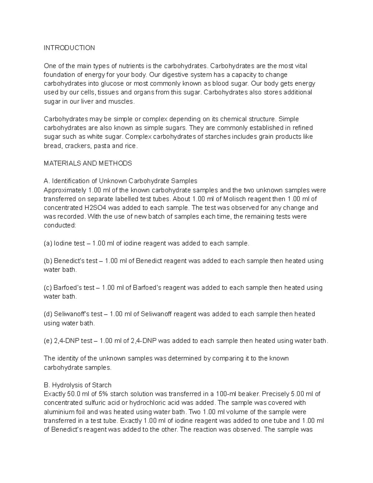 Identification of Unknown Carbohydrates Lab Report - INTRODUCTION One ...