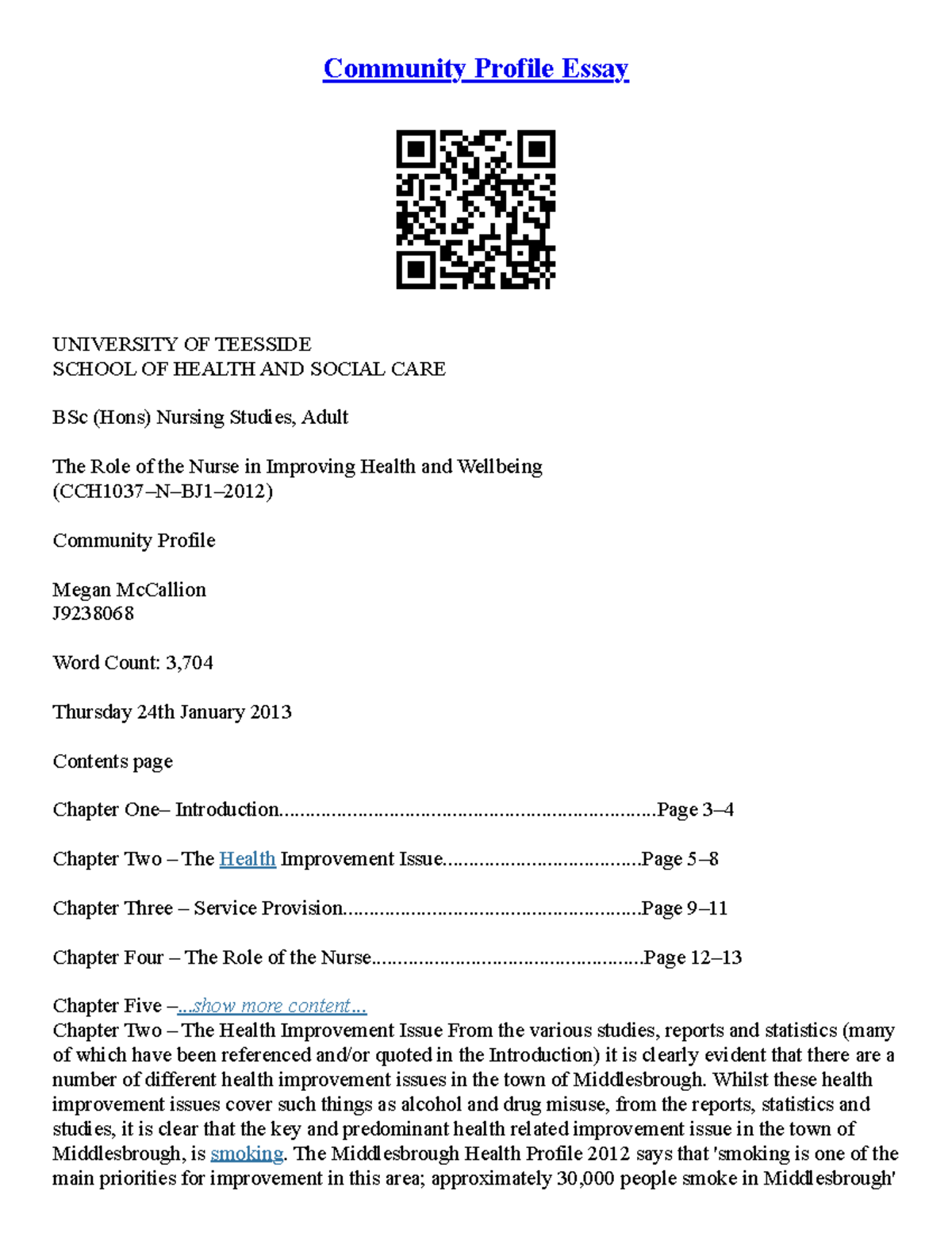 Sample Profile Essays - Community Profile Essay UNIVERSITY OF TEESSIDE ...