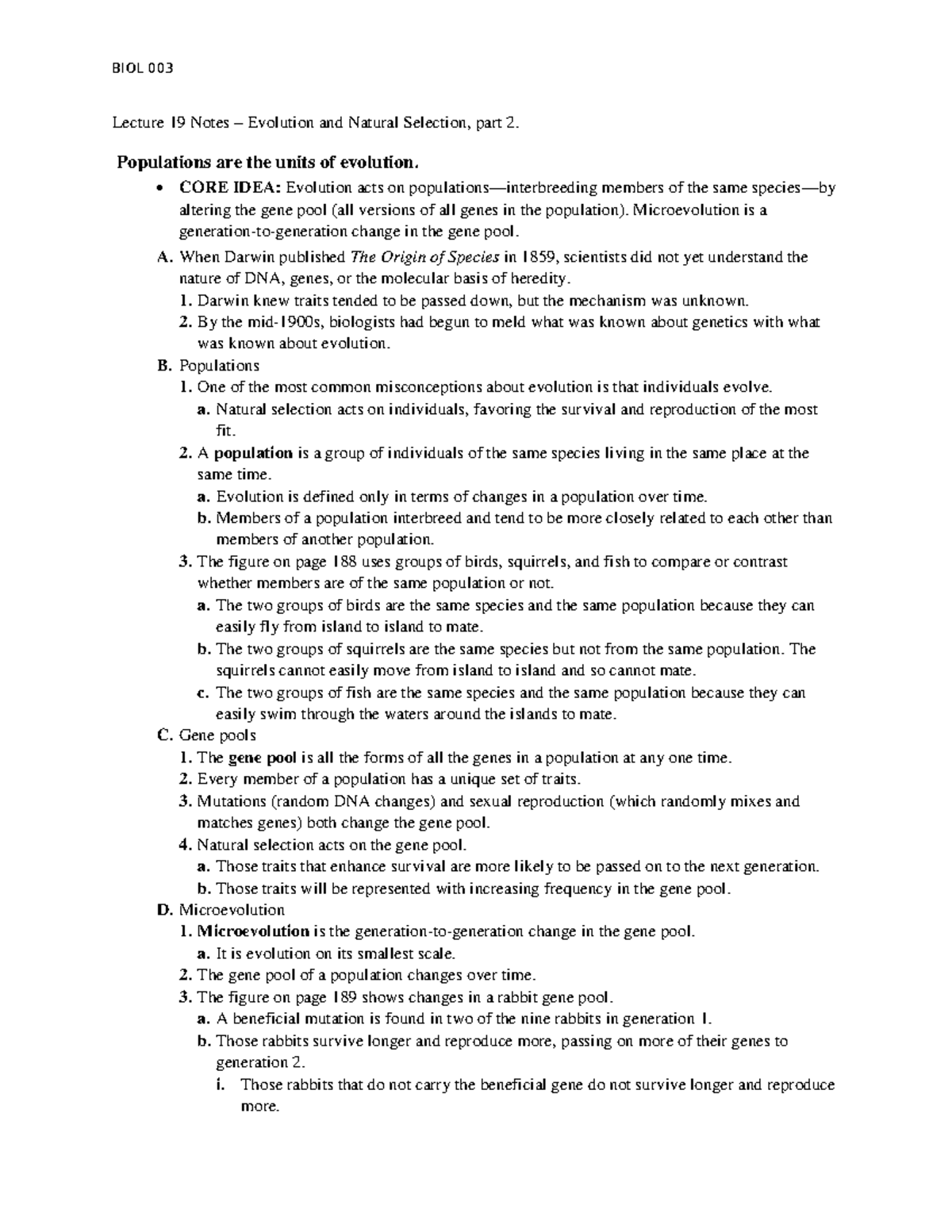 Lecture 19 Notes -Evolution and Natural Selection, part 2 - Lecture 19 ...