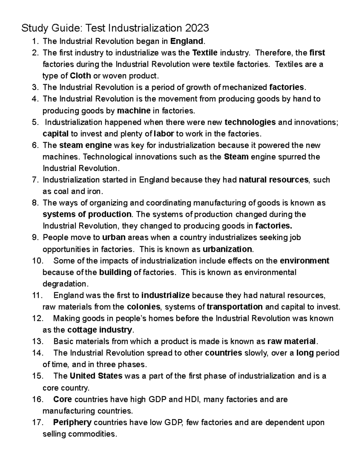 Study Guide Test Industrialization 2023 - The first industry to ...