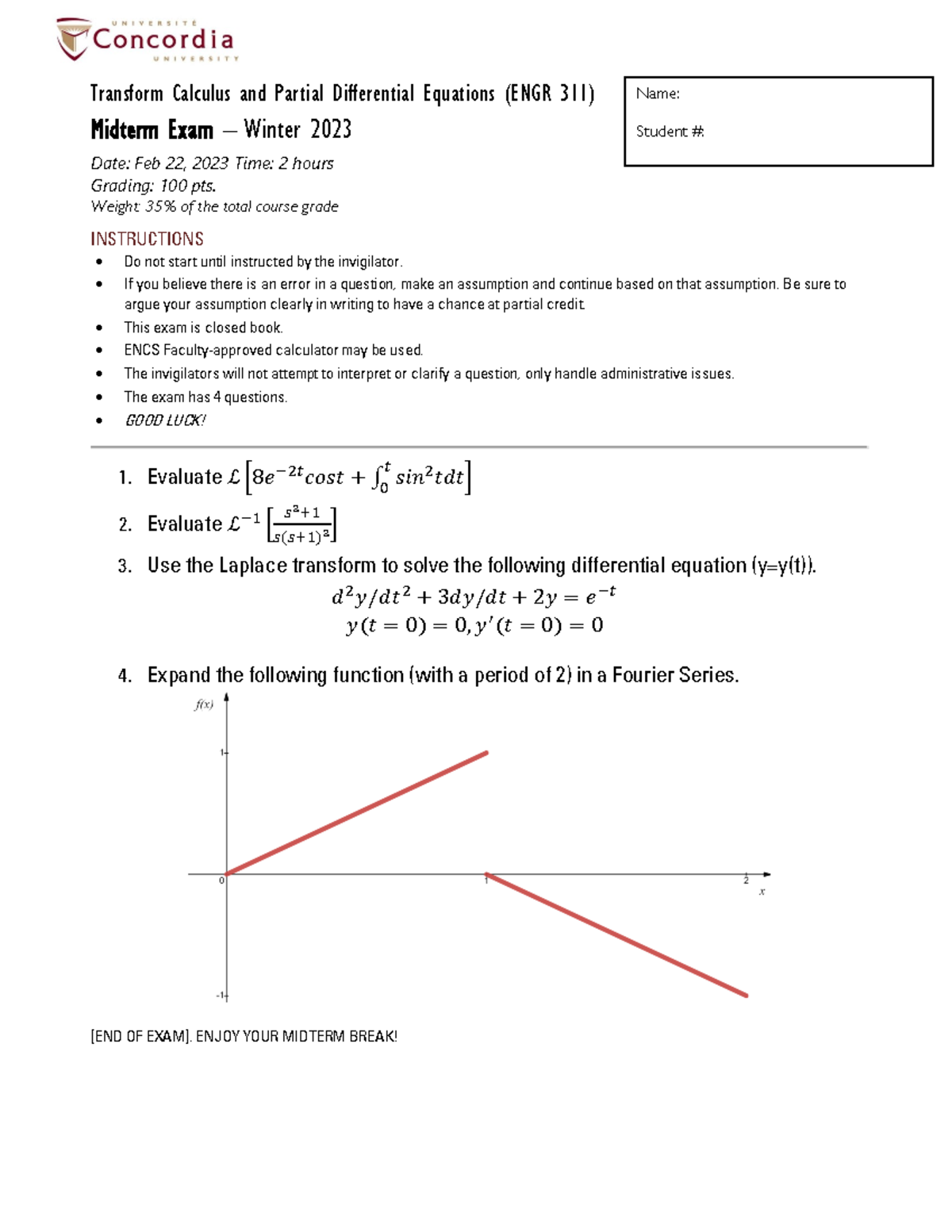 Midterm-Solution - midterm from fall 2023 - Transform Calculus and Partial Differential ...