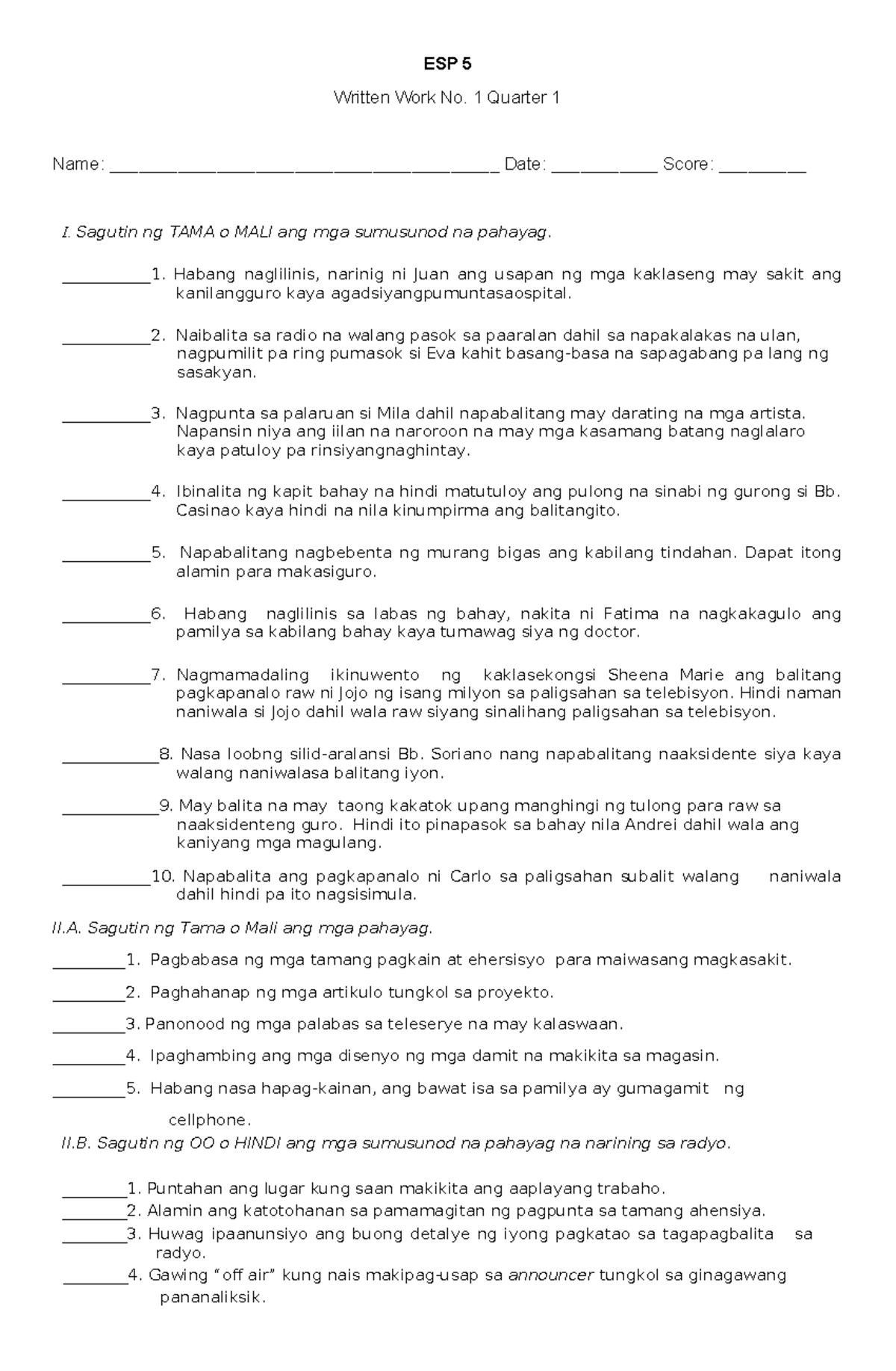 Grade 5 Summative Test in ESP Modules 1-3 - ESP 5 Written Work No. 1 ...