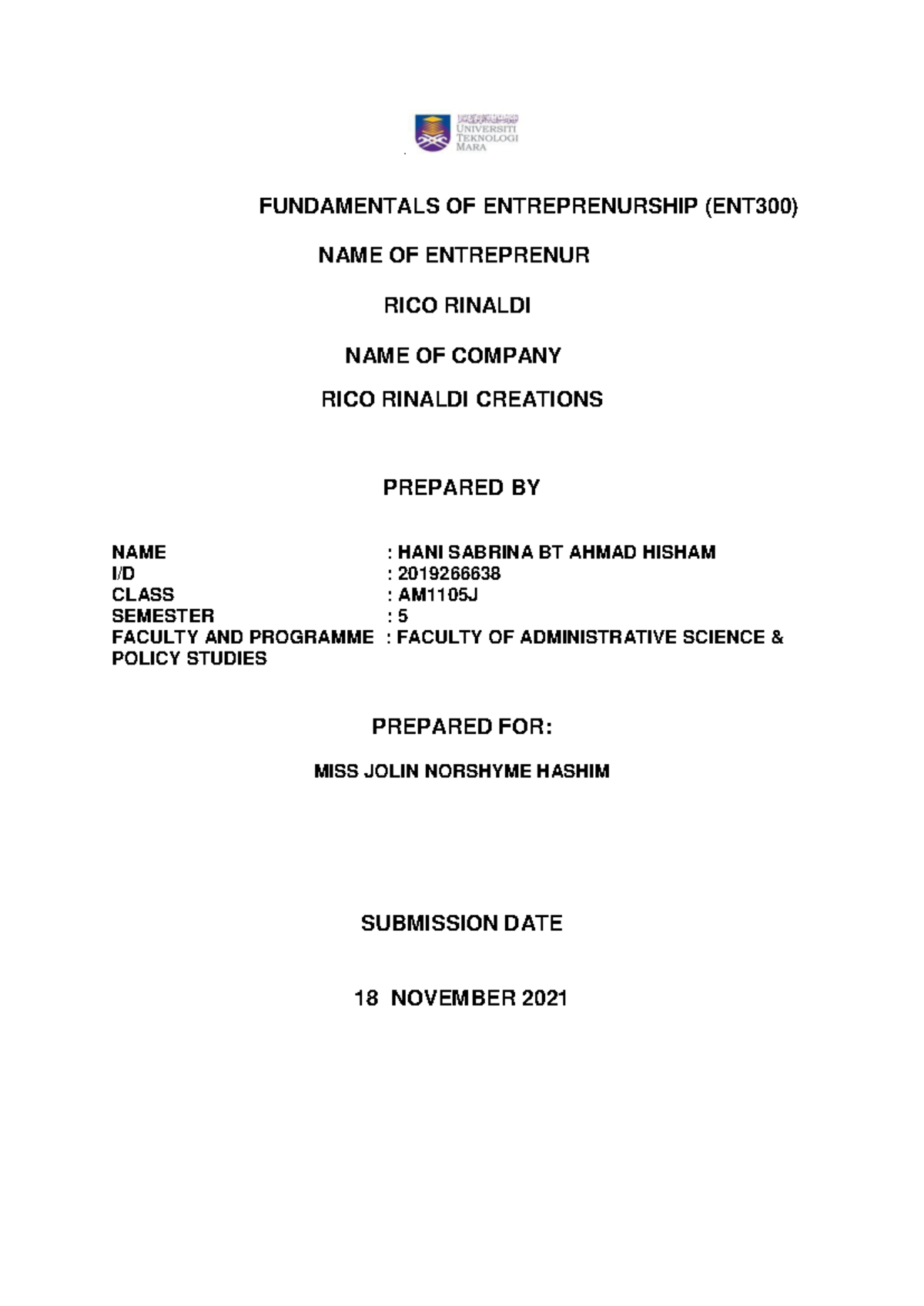 ENT300 A1 HANI Sabrina AM1105J - . FUNDAMENTALS OF ENTREPRENURSHIP ...