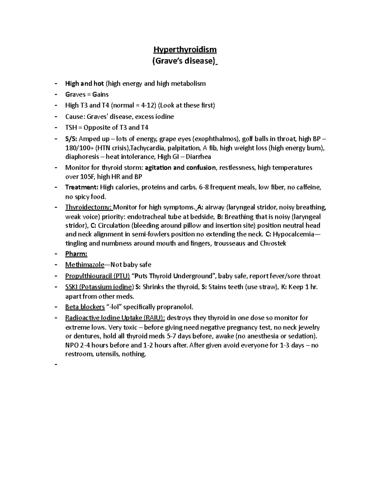 Exam 1 cheat sheets - Infection - Hyperthyroidism (Grave’s disease ...