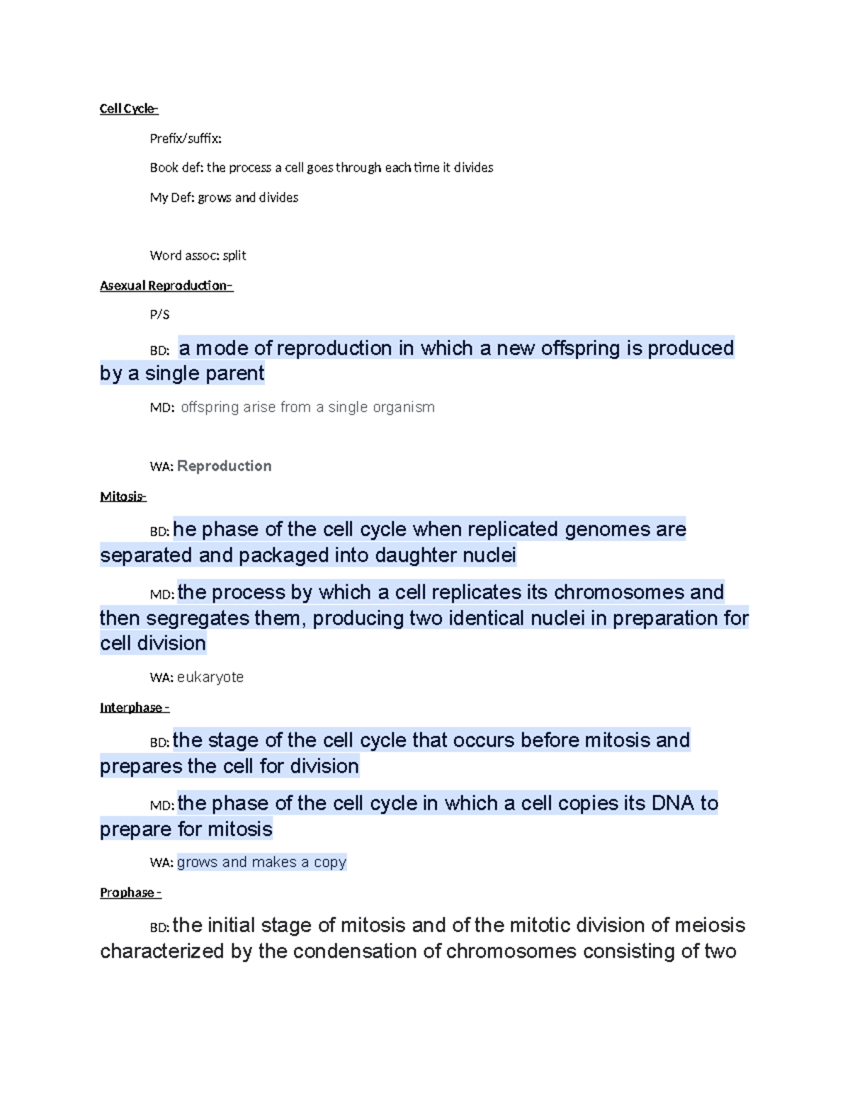 Biology vocabulary assignment 8-Mitosis-1 - Cell Cycle- Prefix/suffix ...