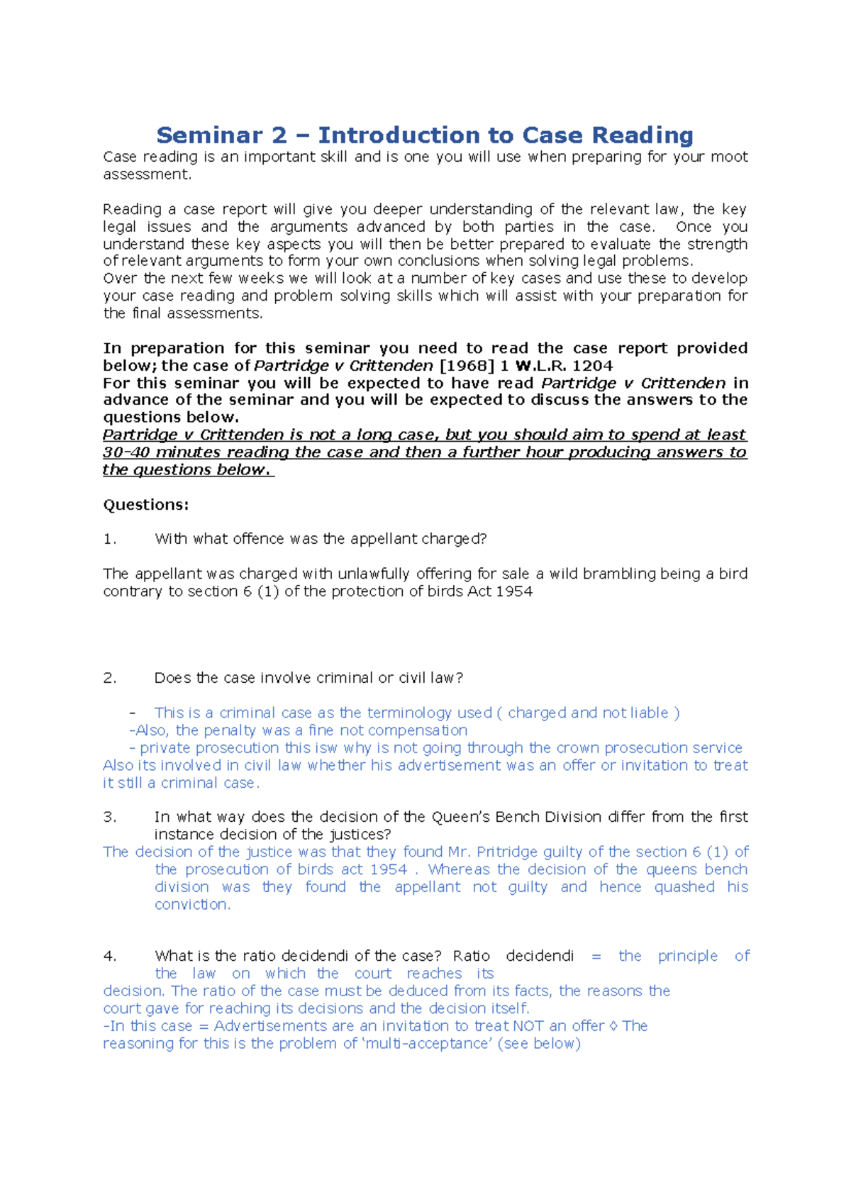 Seminar 2 - Introduction to Case Reading - Partirdge v Crittenden ...
