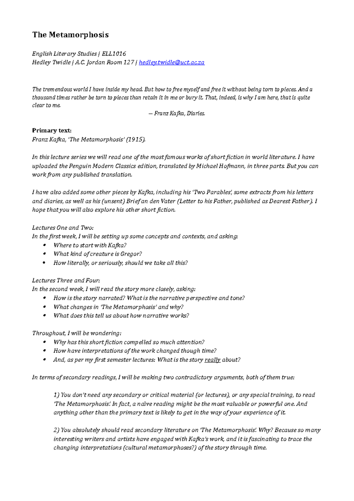 Lecture Outline - The Metamorphosis 2022 - The Metamorphosis English ...