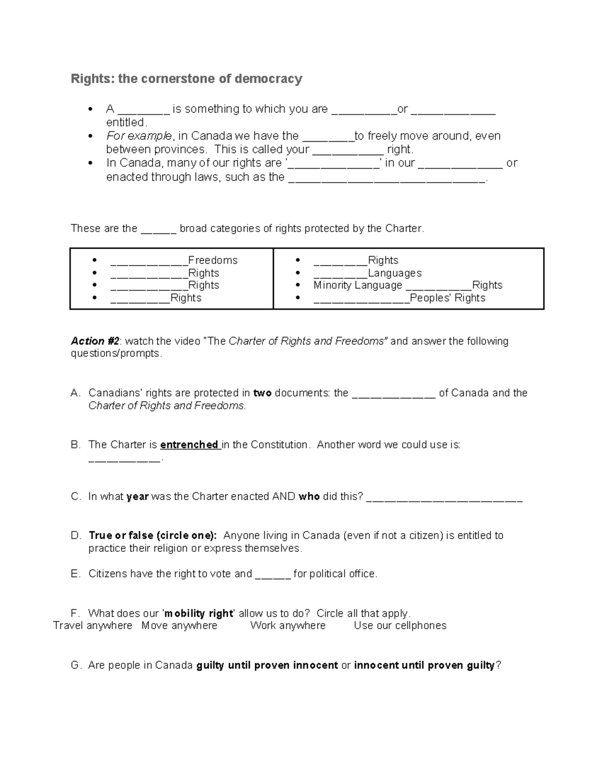 Worksheet - Rights: the cornerstone of democracy A ________ is ...