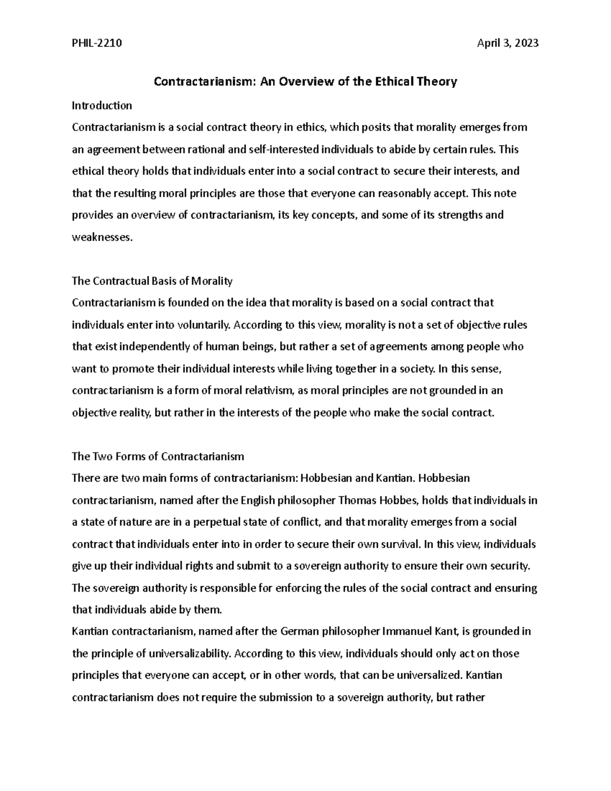 Contractarianism - PHIL-2210 April 3, 2023 Contractarianism: An ...